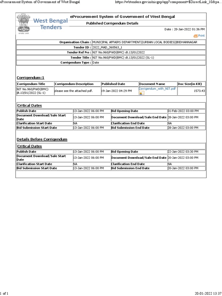 Corrigendum for WB eProcurement Tender | PDF