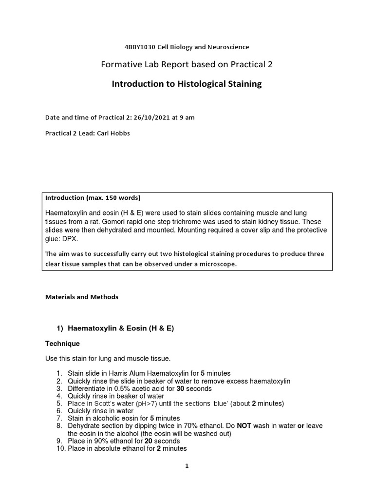 Formative Lab Report | PDF | Staining | Histology