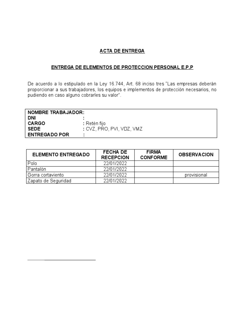 Acta de Entrega Epp | PDF