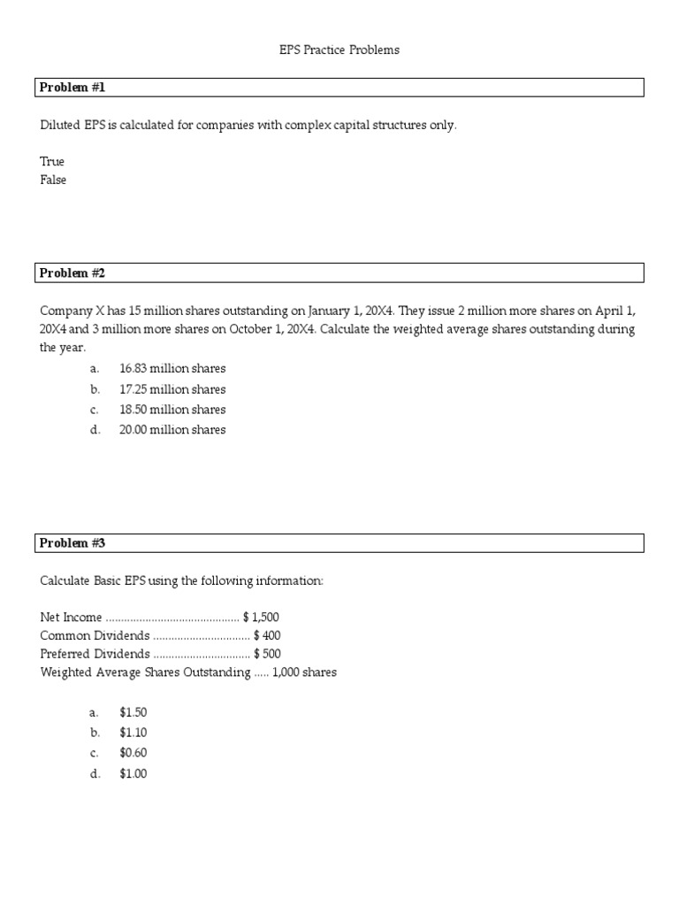 EPS Practice Problems | PDF | Earnings Per Share | Preferred Stock