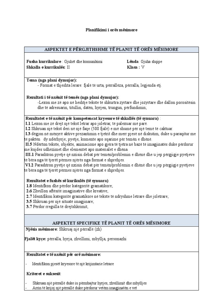 Perralla Plani Gjuhe Shqipe | PDF
