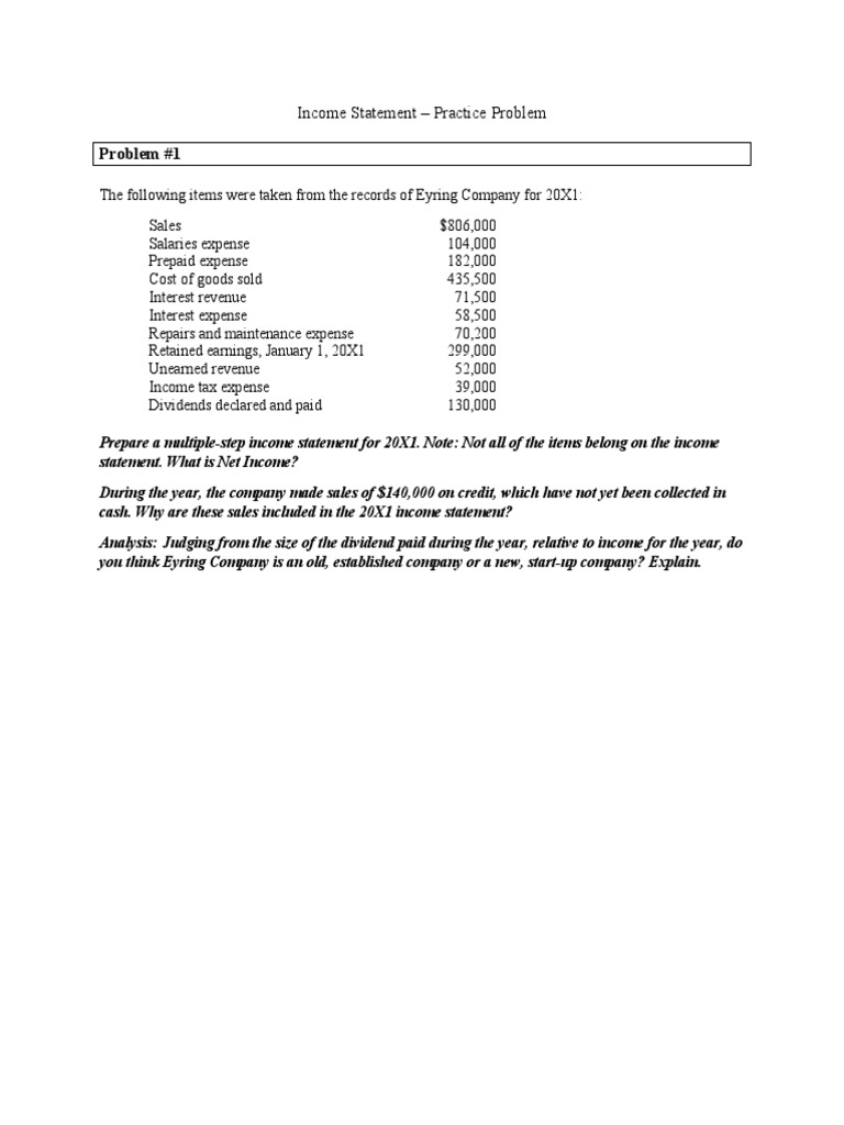Income Statement Practice Problems Pdf Net Income Expense