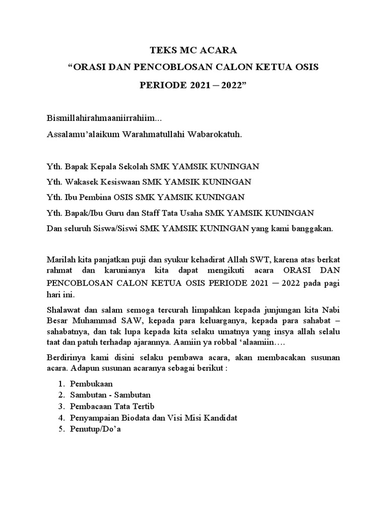Teks MC (04) - Pemilihan Ketua OSIS 2021 - 2022 | PDF