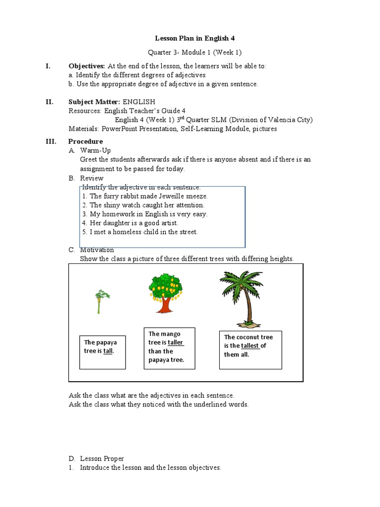 Adjectives Lesson Plan | PDF | English Language | Lesson Plan