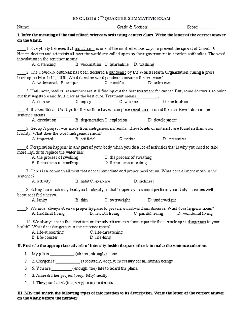 Grade 6 2nd Quarter Summative Exam | PDF | Influenza | Foods