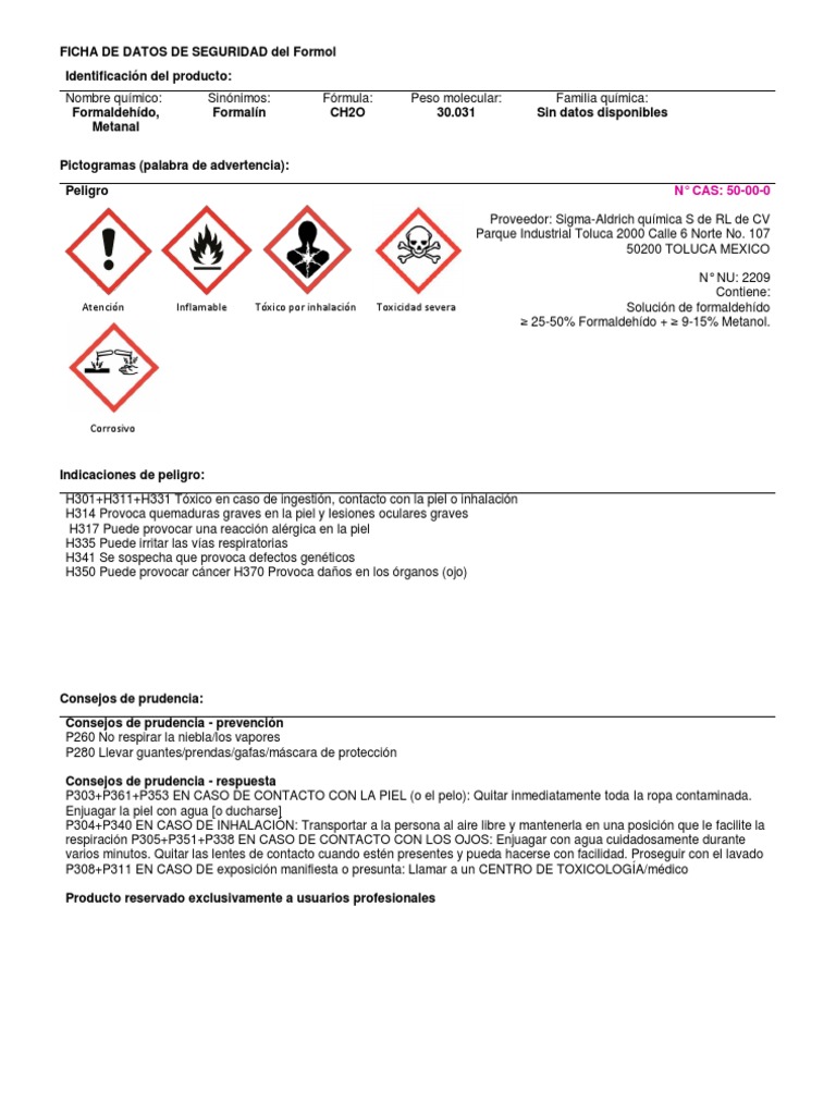 Ficha de Datos de Seguridad para FORMOL | PDF | Formaldehído | Toxicología