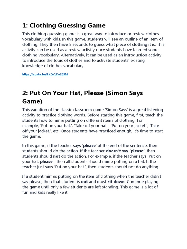 1: Clothing Guessing Game | PDF | Clothing | Vocabulary