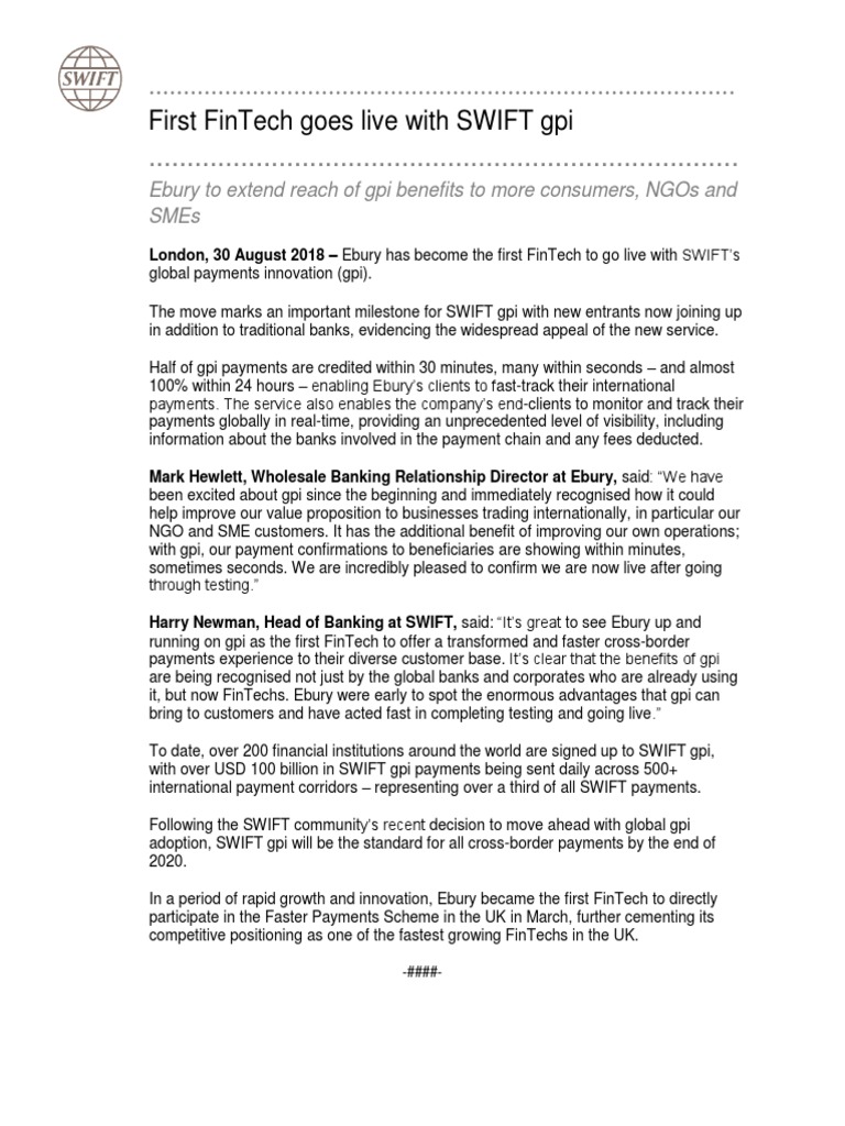Ebury becomes first FinTech on SWIFT gpi | PDF | Financial Technology | Finance & Money Management