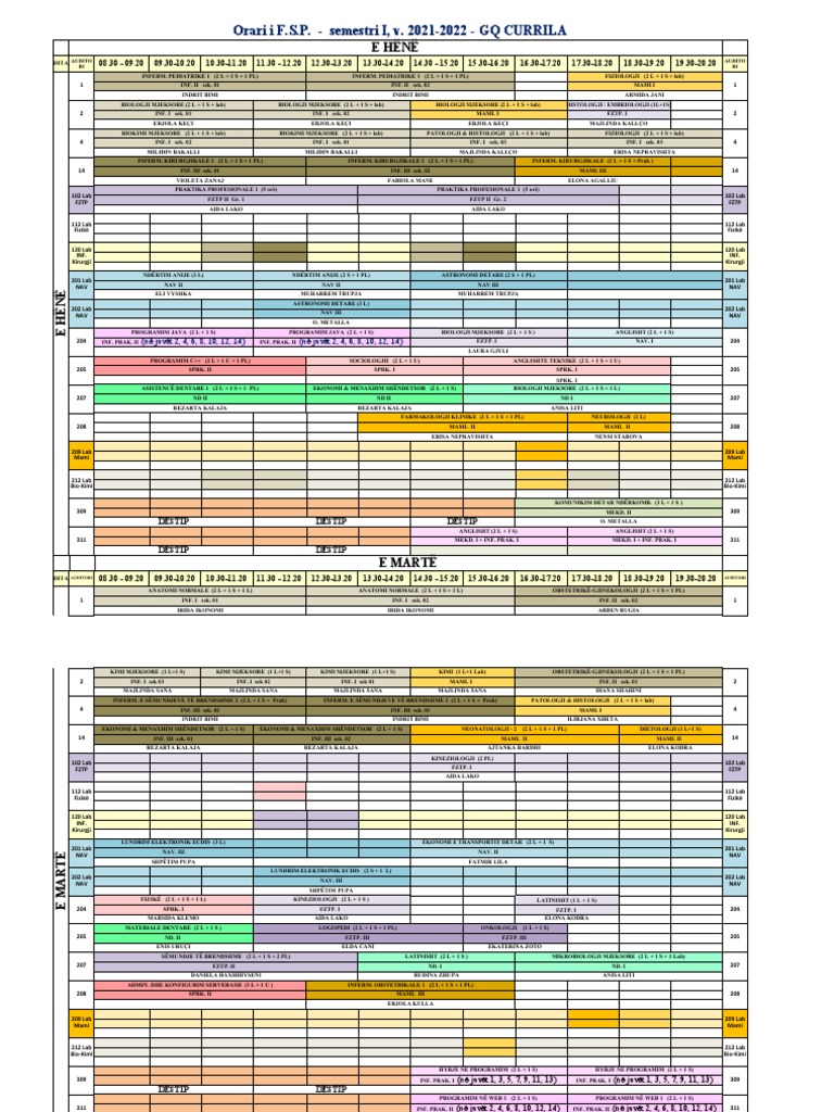 Orari FSP Currila v. 2021 2022 Semestri I | PDF