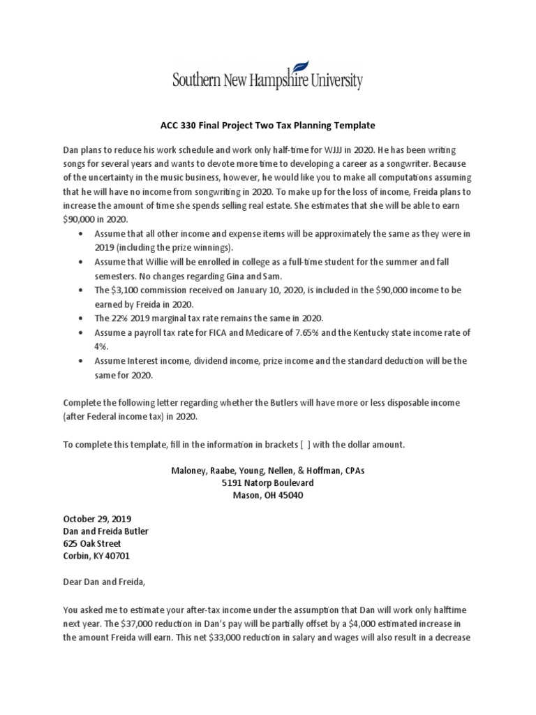 ACC 330 Final Project Two Tax Planning Template - 2020 | PDF | Federal ...