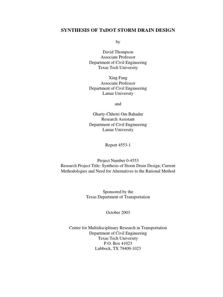 TxDOT Drainage Synthesis | PDF | Storm Drain | Flood
