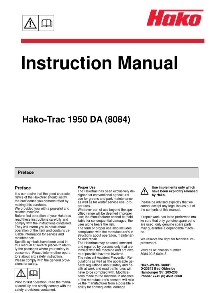 Instruction Manual: Hako-Trac 1950 DA (8084) | PDF | Tractor | Vehicle ...
