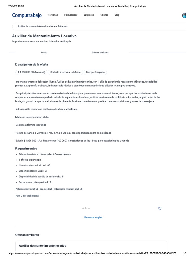 Auxiliar de Mantenimiento Locativo en Medellín - Computrabajo | PDF ...