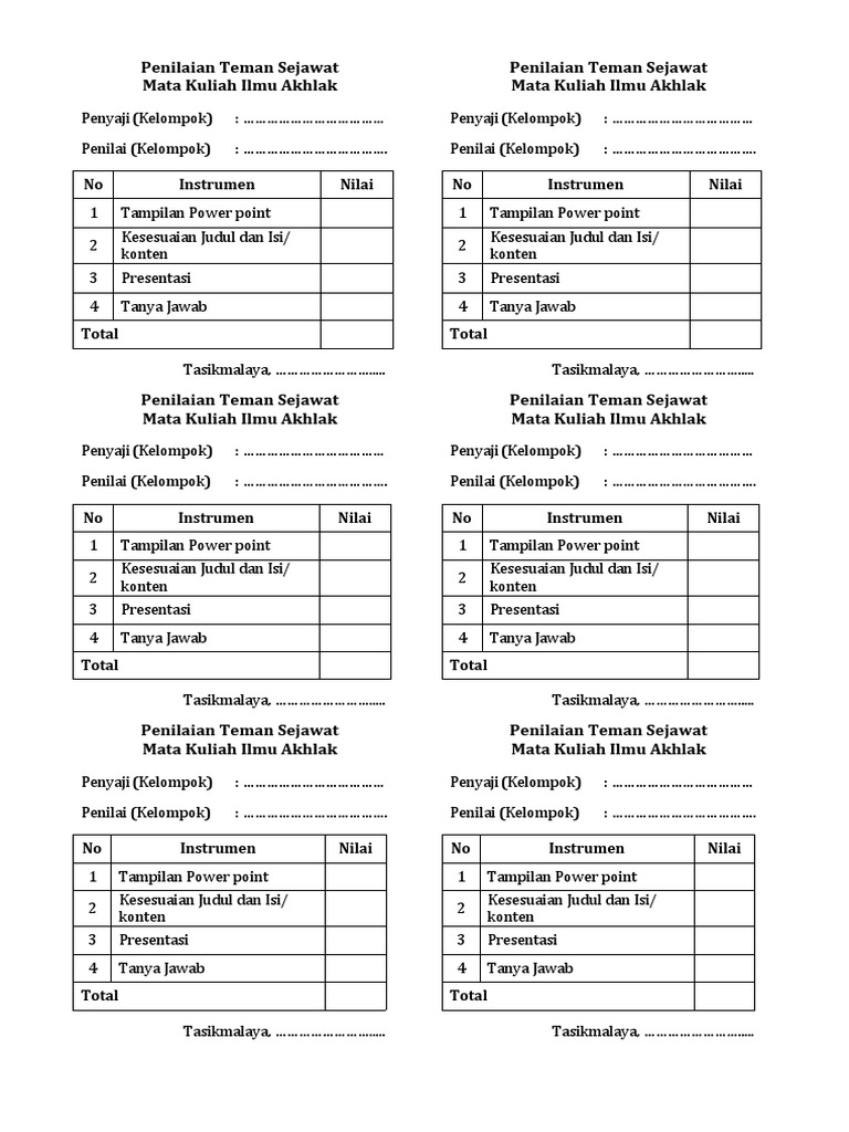 Form Penilaian Teman Sejawat Presentasi | PDF