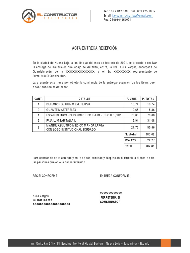 Actas De Entrega Formato De Acta De Entrega | PDF