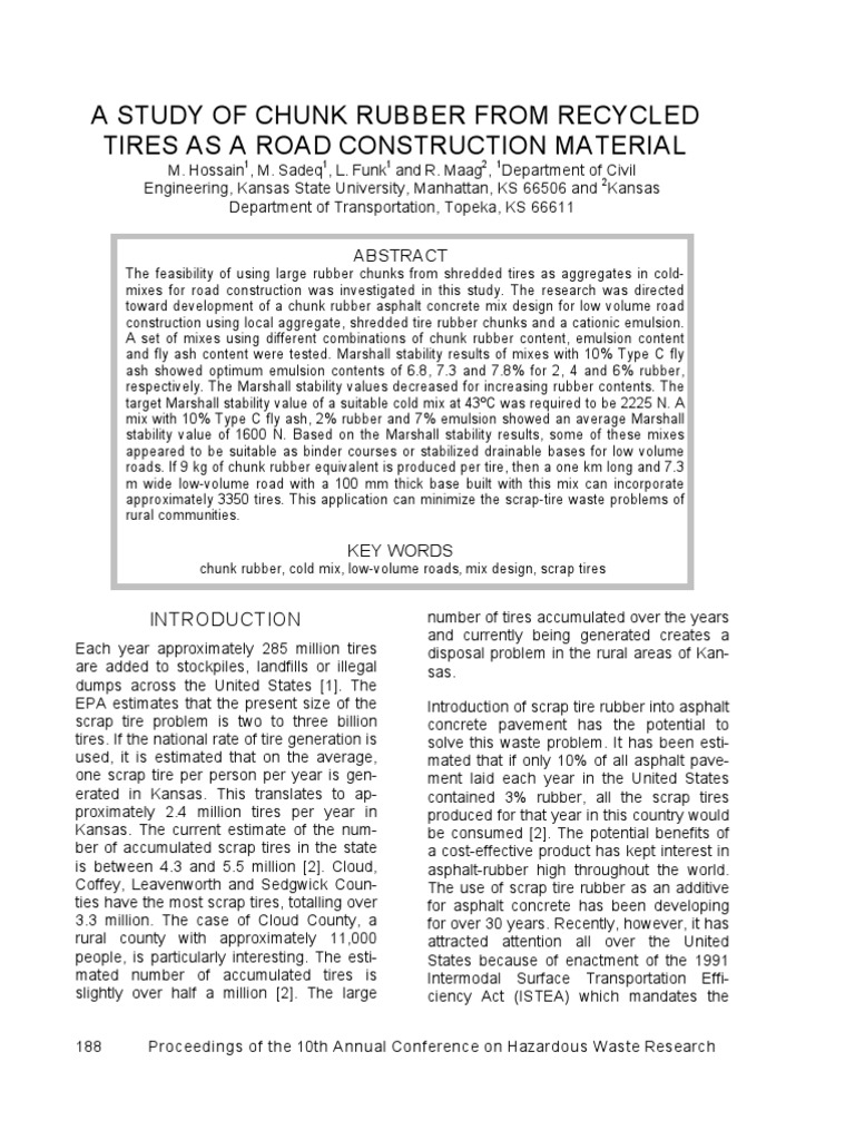 A Study of Chunk Rubber From Recycled Tires As A Road Construction Material | PDF | Fly Ash ...
