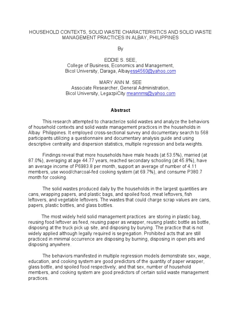 Household solid waste characteristics and management practices in Albay ...