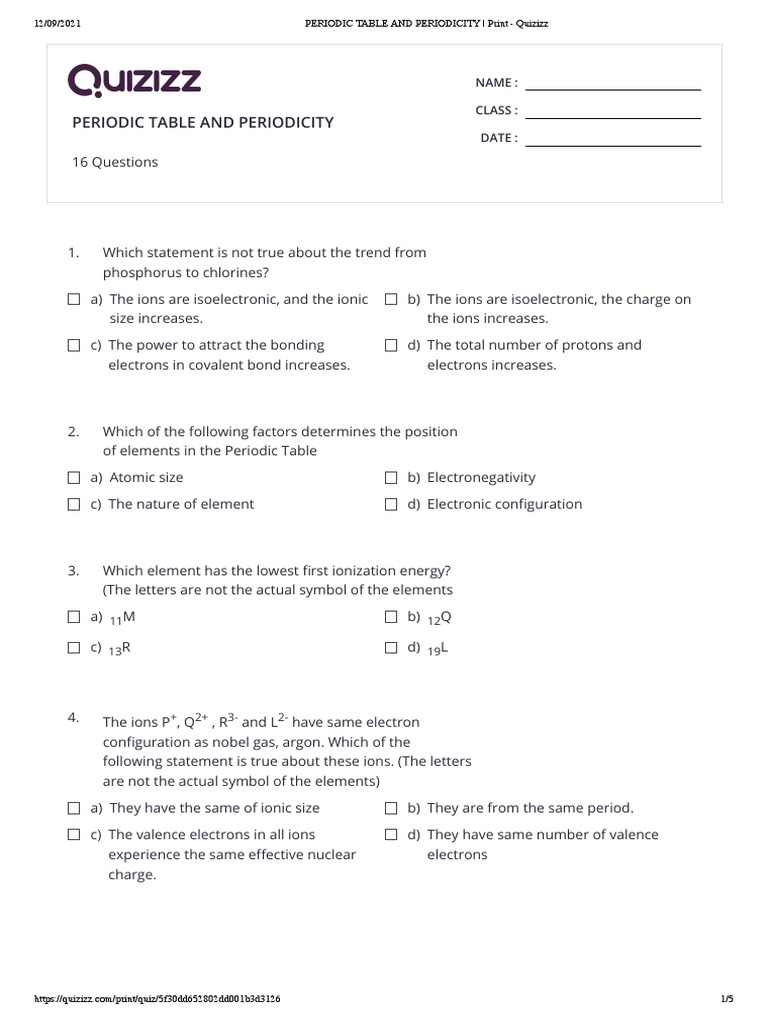Periodic Table and Periodicity - Print - Quizizz | PDF | Periodic Table ...