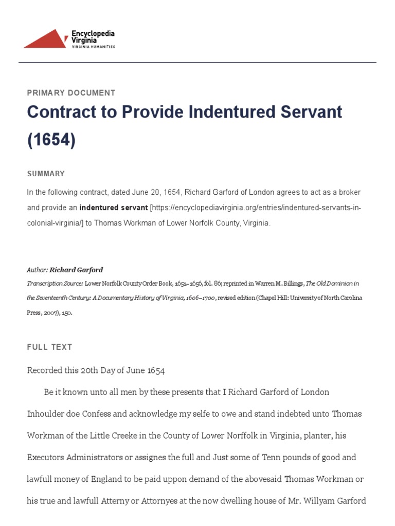 Contract To Provide Indentured Servant (1654) : Primary Document | PDF