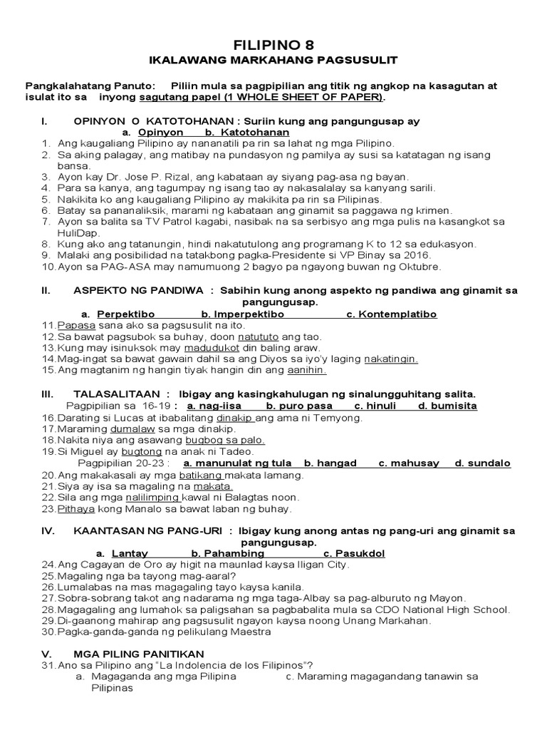 Filipino 8 2ND Quarter Exam | PDF