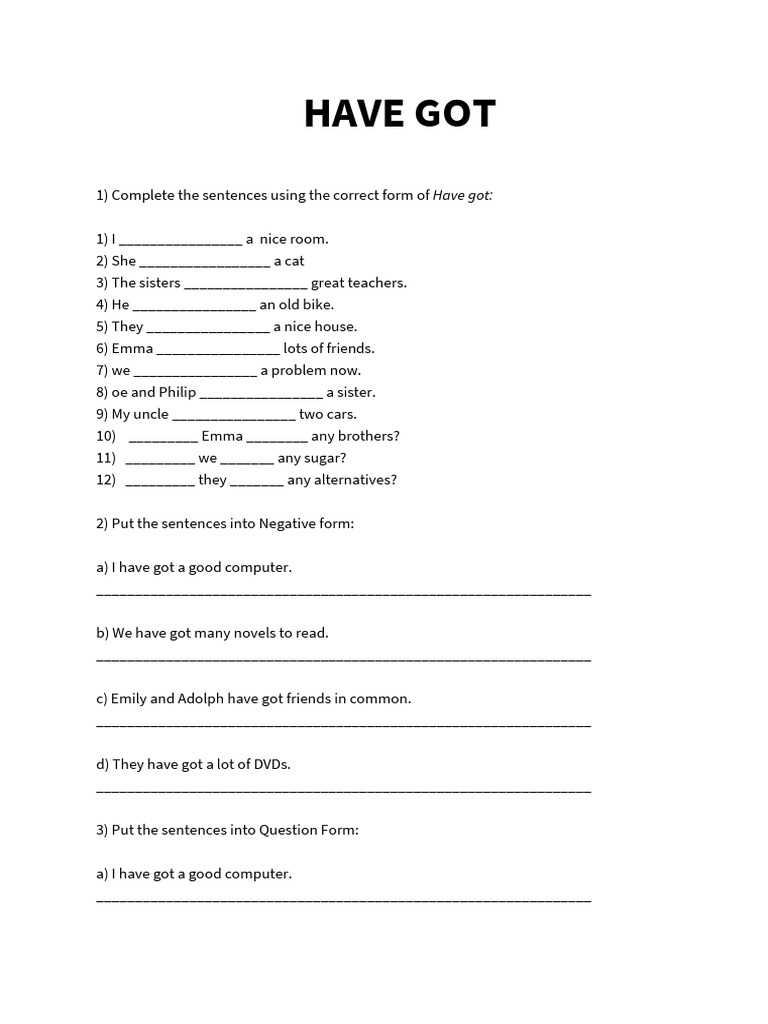 Have Got Exercises Worksheet | PDF