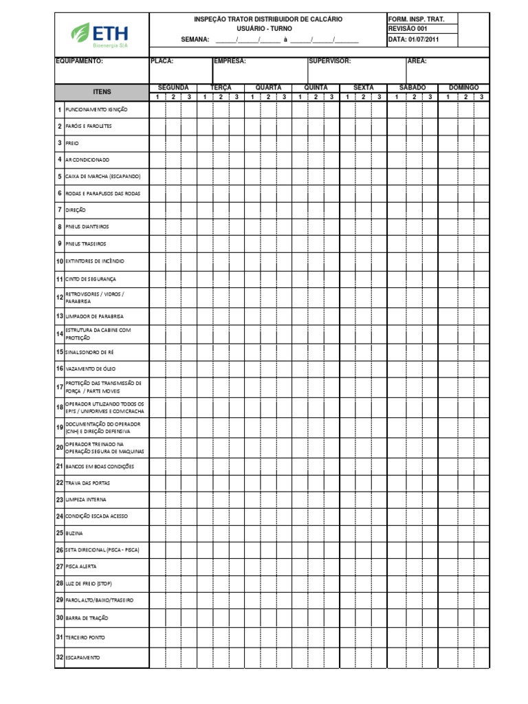 Check List Trator Distribuidor de Calcario | PDF | Trator | Veículos ...