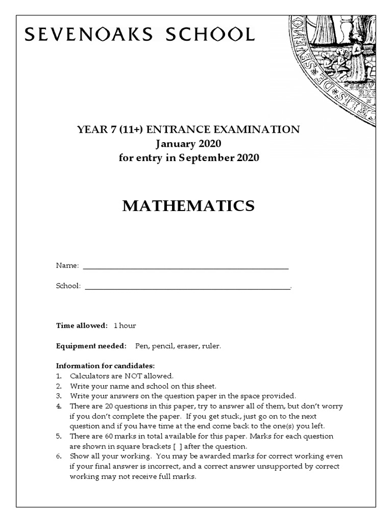 Seven Oaks Year 7 2020 Maths Exam | PDF | Mathematics | Geometry