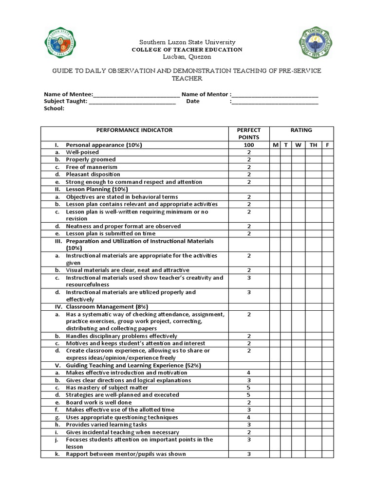 Evaluation Form Rating Sheet Demo Teaching | PDF | Lesson Plan | Mentorship