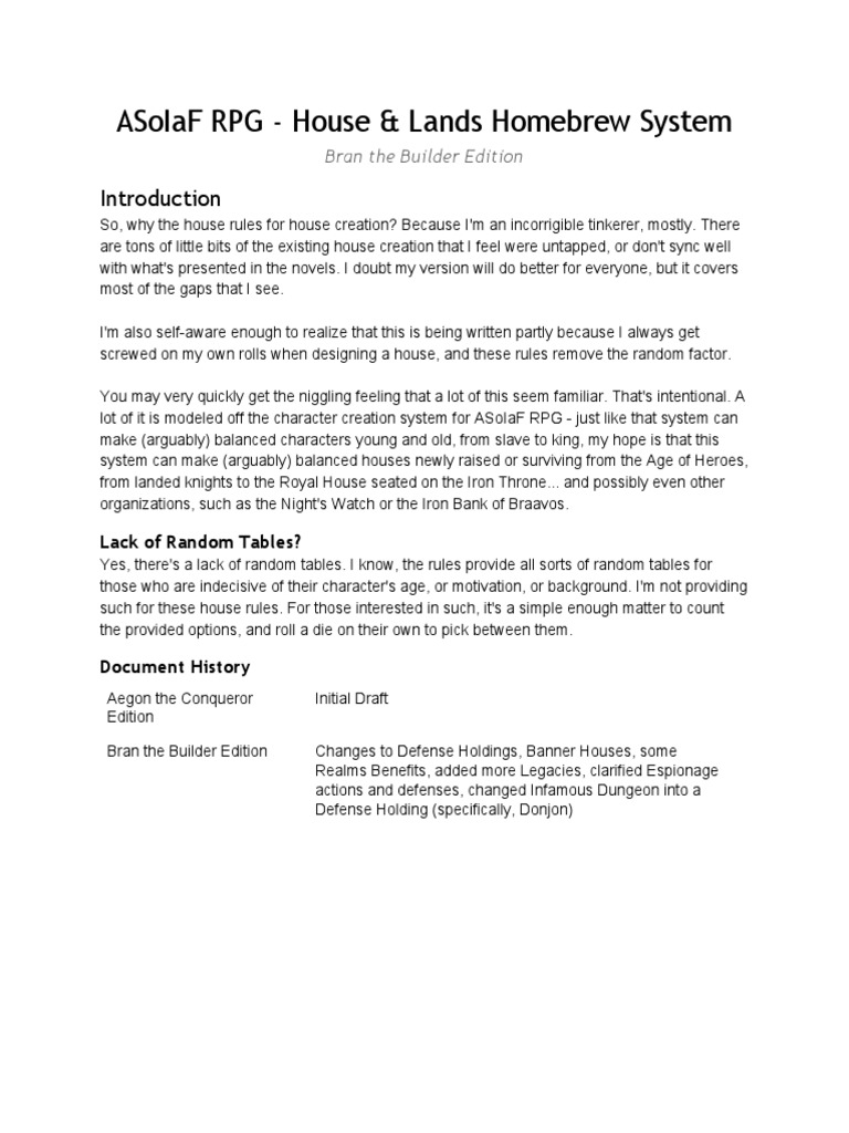 ASoIaF RPG - House & Lands Homebrew - BTB Edition | PDF | World Of A ...