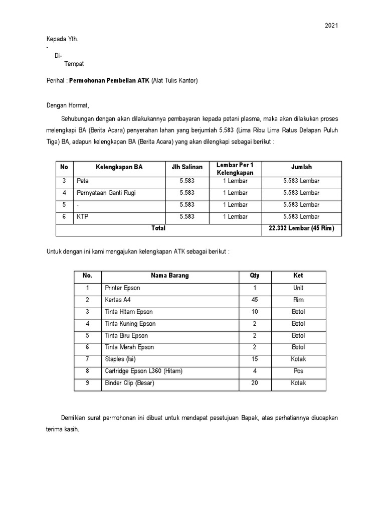 Permohonan Pembelian ATK 1 | PDF