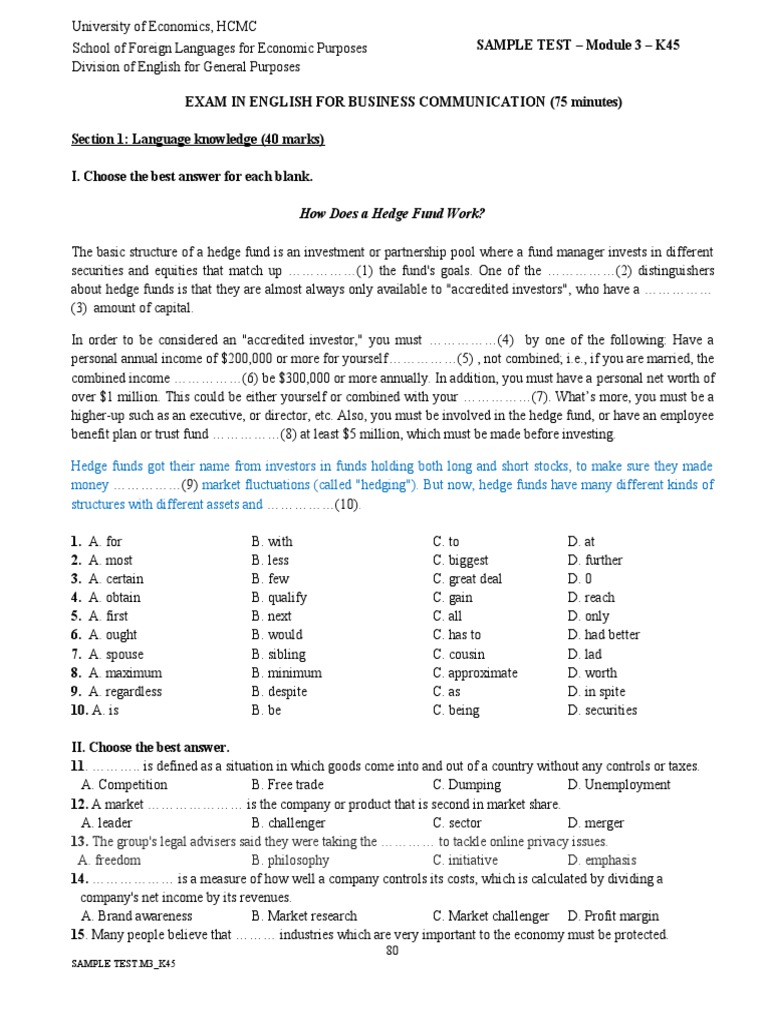 Business Communication Exam Sample Test | PDF | Hedge Fund | Brand