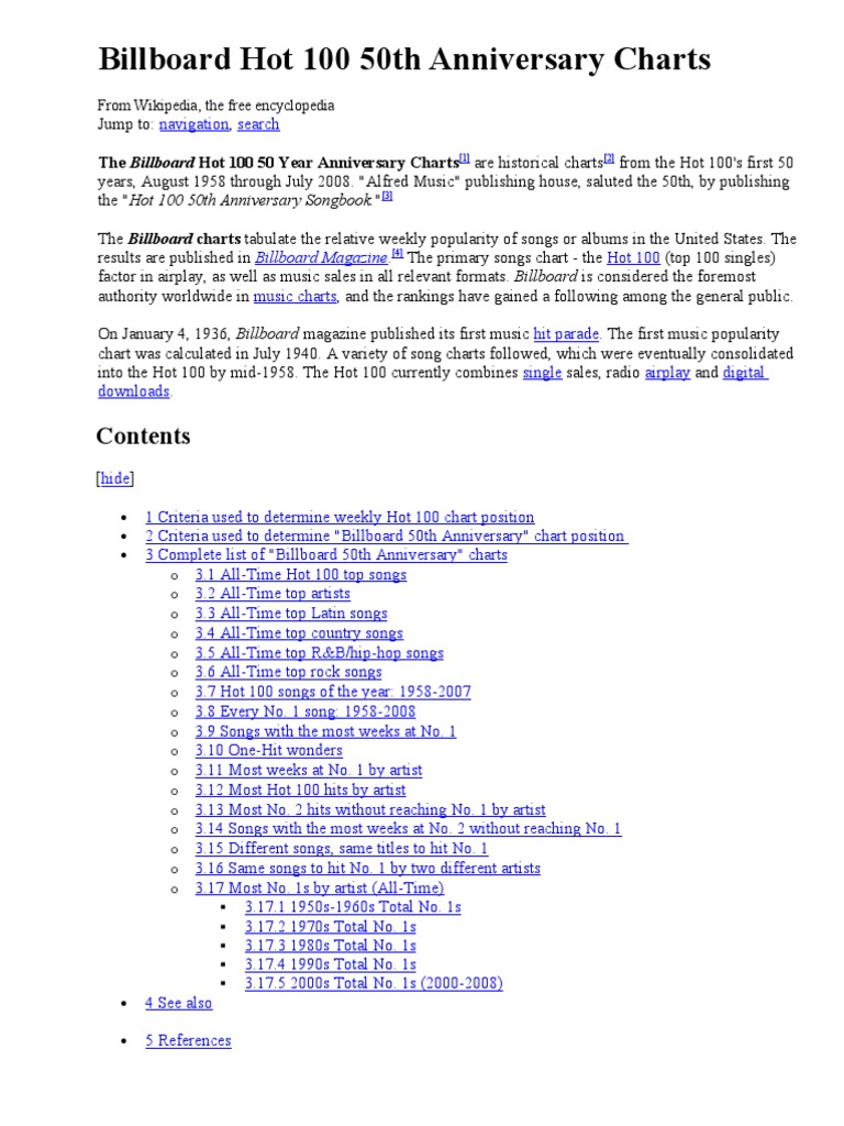Billboard Hot 100 50th Anniversary Charts | PDF | Singles (Music) | Music