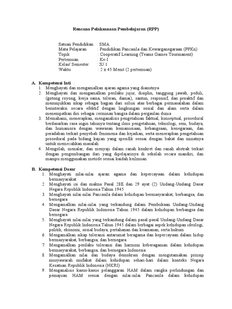RPP PKN Kelas X Model Pembelajaran TGT | PDF