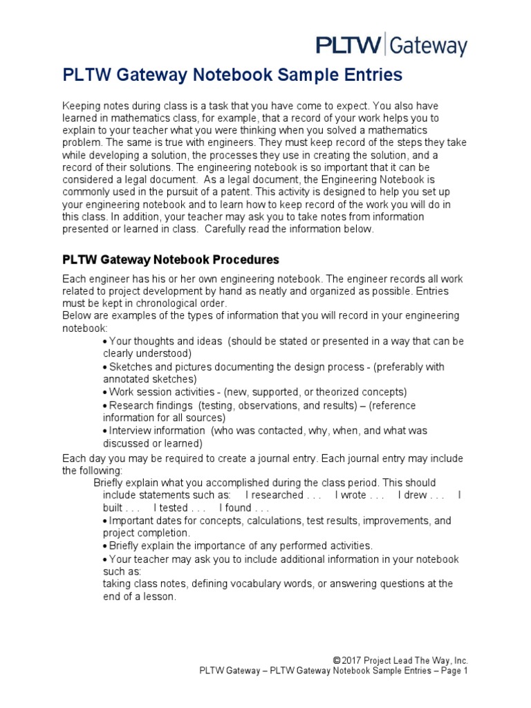 PLTW Gateway Notebook Sample Entries | PDF | Notebook | Thought