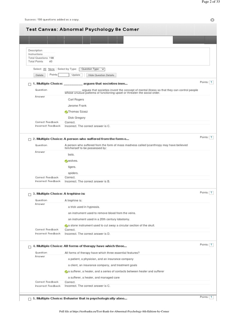 Test Canvas Abnormal Psychology 8e Comer | PDF | Psychiatry | Psychology