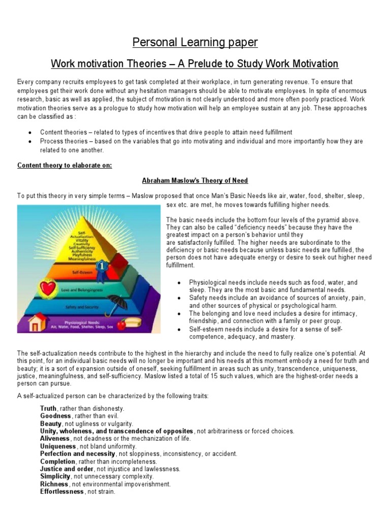 Personal Learning Paper: Work Motivation Theories - A Prelude To Study ...