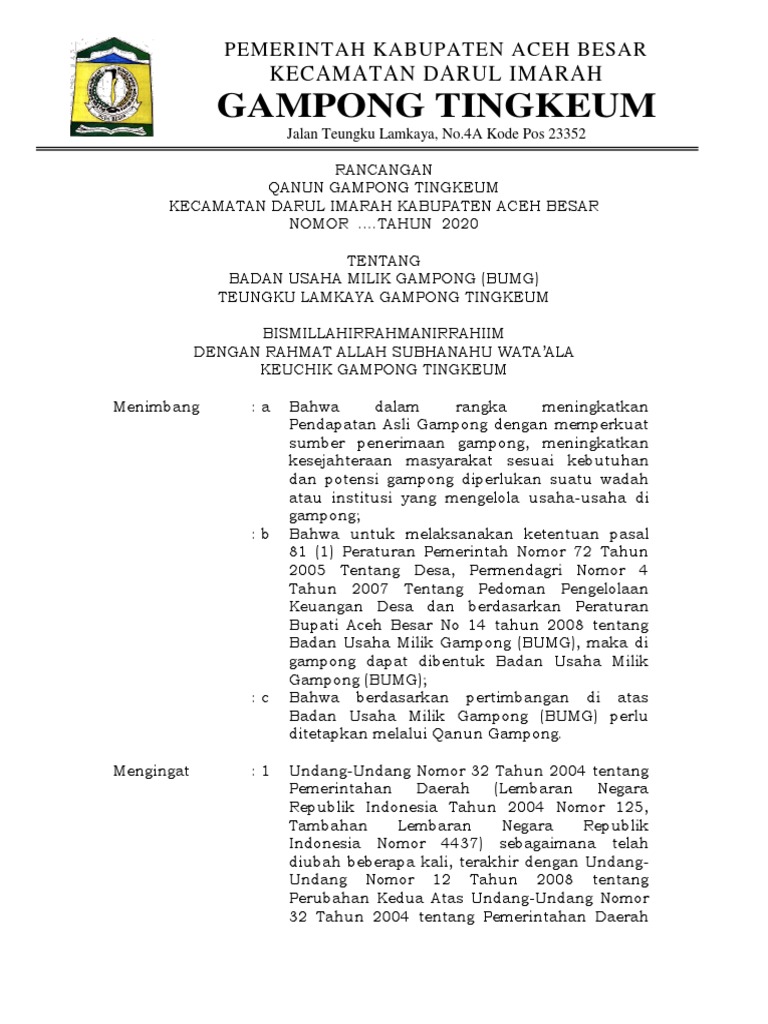 Contoh Qanun Tentang BUMG Gampong Di Aceh | PDF