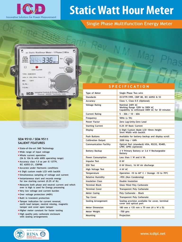 Single Phase Meter 9510 9511 | PDF | Root Mean Square | Voltage