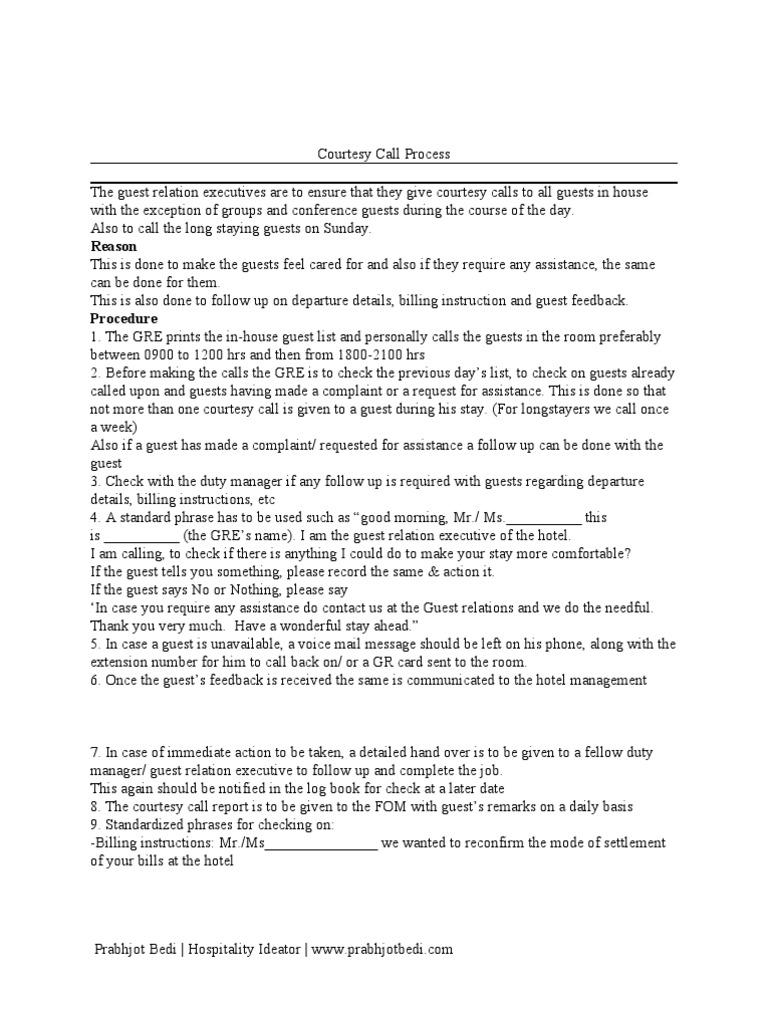 Courtesy Call Process | PDF | Hotel And Accommodation | Business