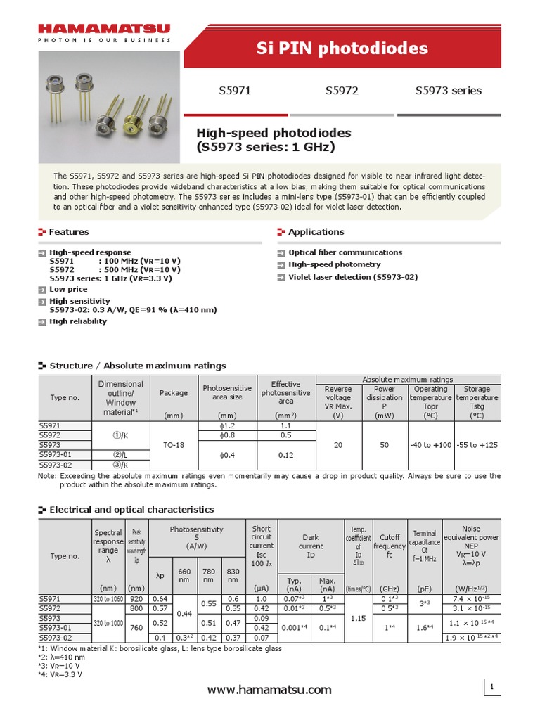 Si Pin Photodiodes: High-Speed Photodiodes (S5973 Series: 1 GHZ) | PDF ...