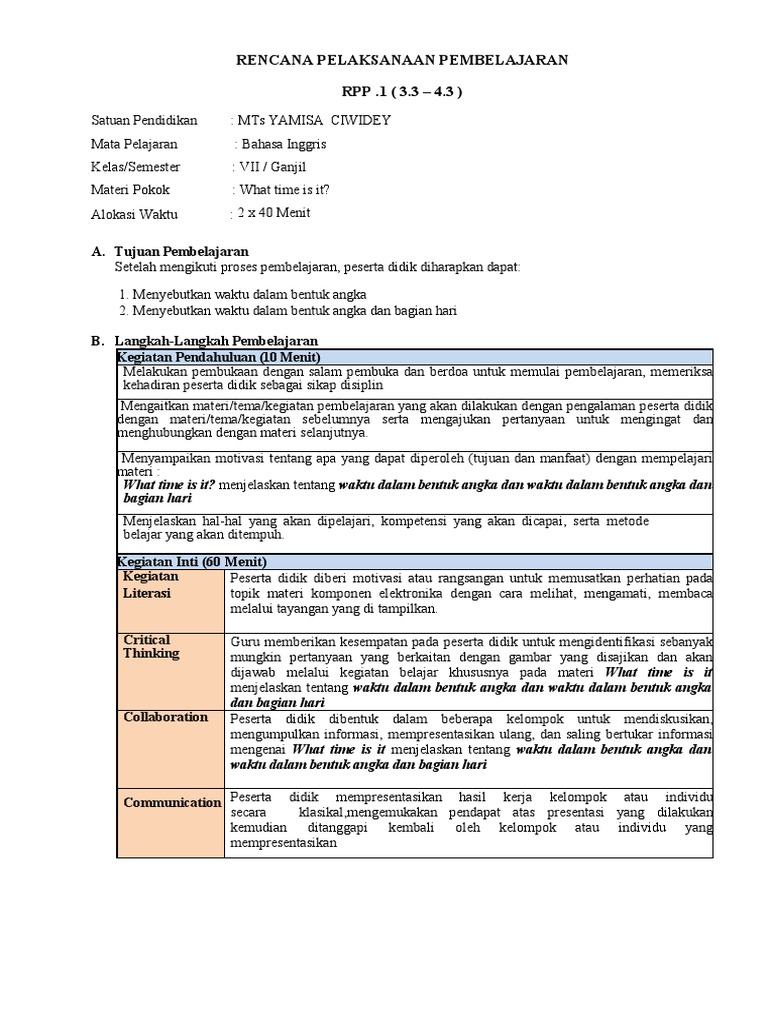 RPP 1 Lembar B.ing Kelas 7 Yamisa | PDF