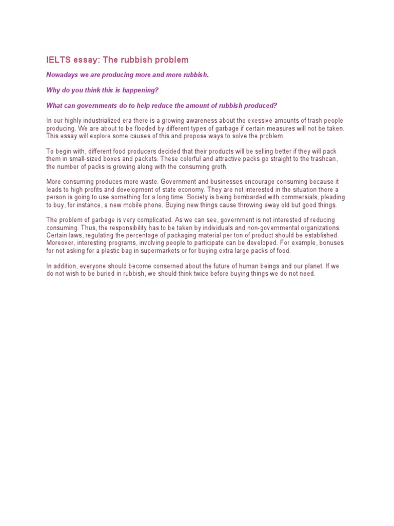 Ielts Essay The Rubbish Problem Pdf Waste Recycling