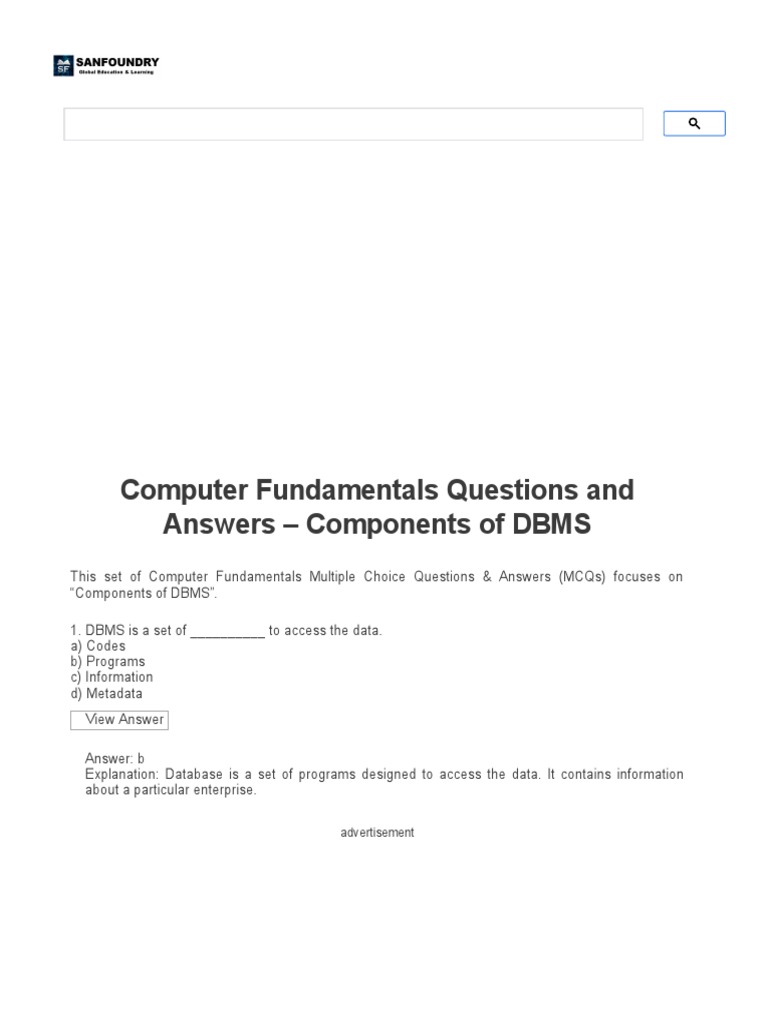 Dbms Components Questions And Answers Sanfoundry Pdf Databases Relational Model