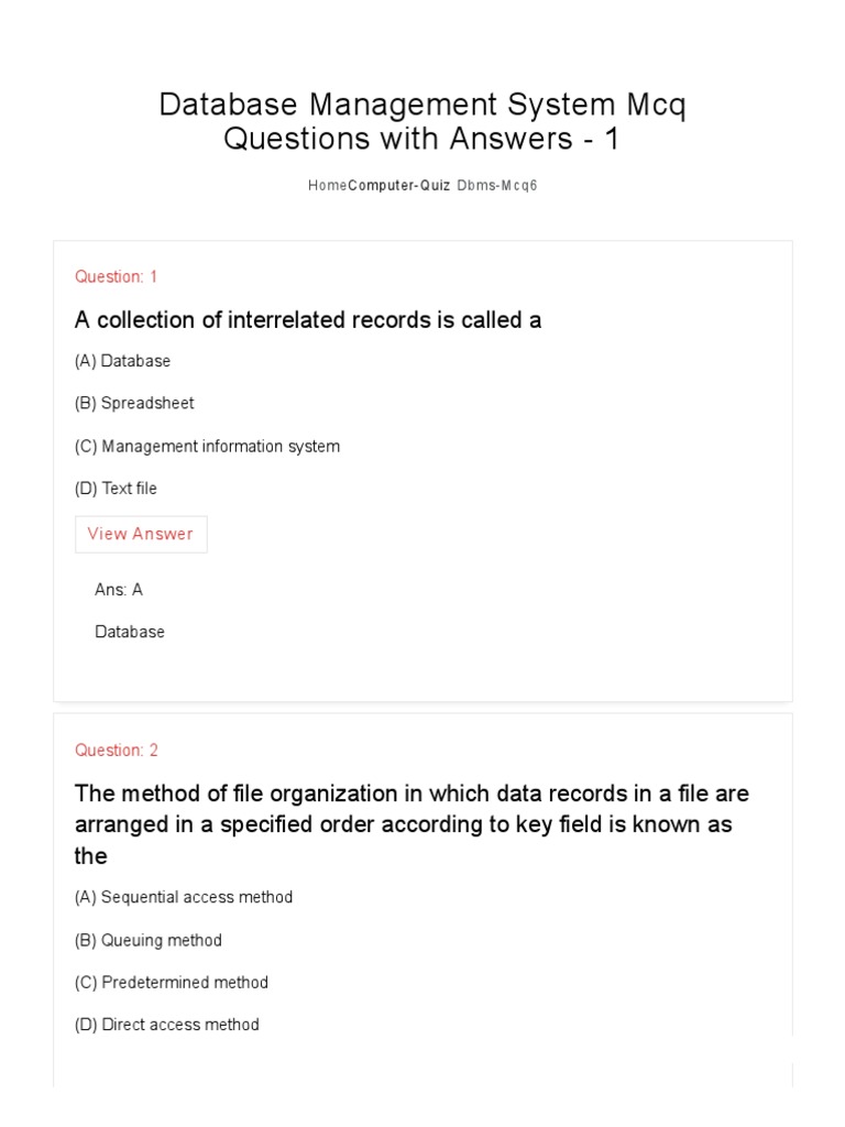 Database Management System MCQ Questions With Answers - 1 | PDF | Databases | Multiple Choice