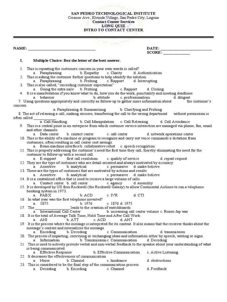 QUIZ - Intro To Contact Center Subject | PDF | Communication | Call Centre