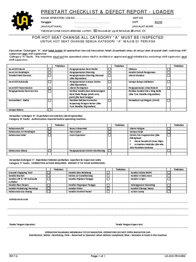 Checklist Praoperasi Loader 2017 | PDF
