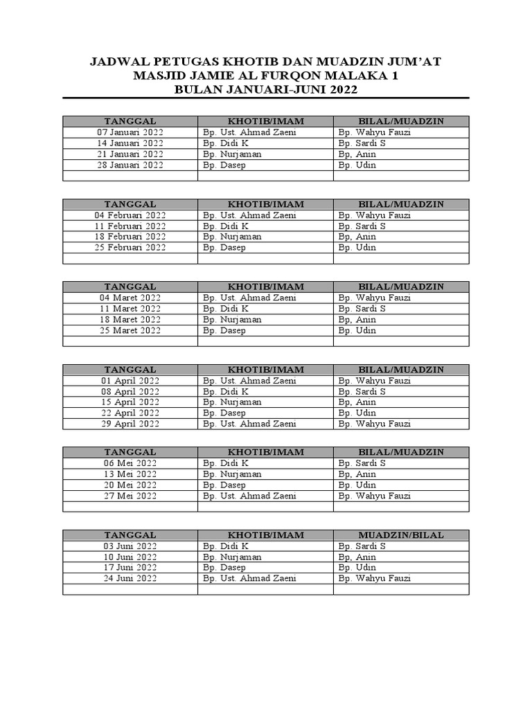 Jadwal Petugas Khotib Dan Muadzin Jum | PDF