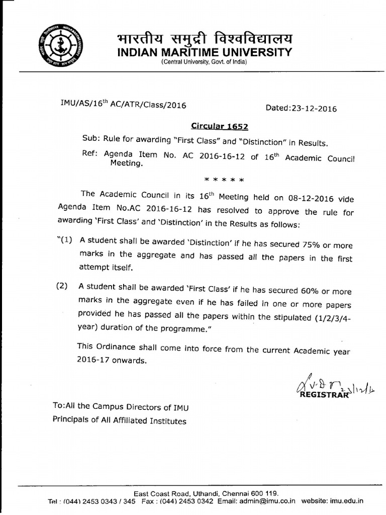Circular 1652-First Class Distinction | PDF