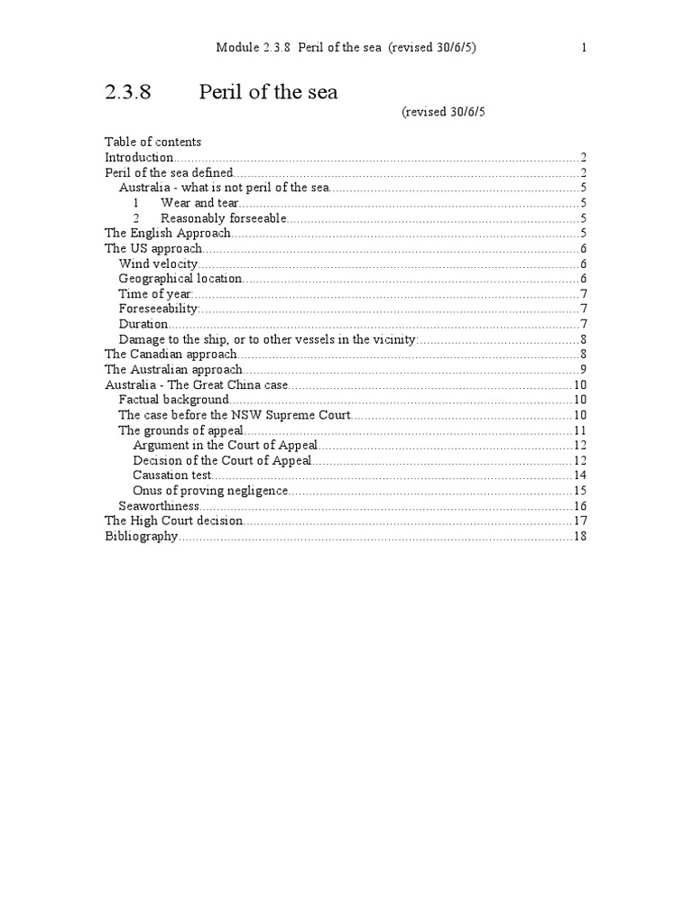 Perils of the Sea: Defining a Key Defence in Carriage of Goods by Sea ...