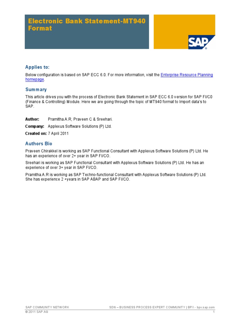 Electronic Bank Statement MT940 Format | PDF